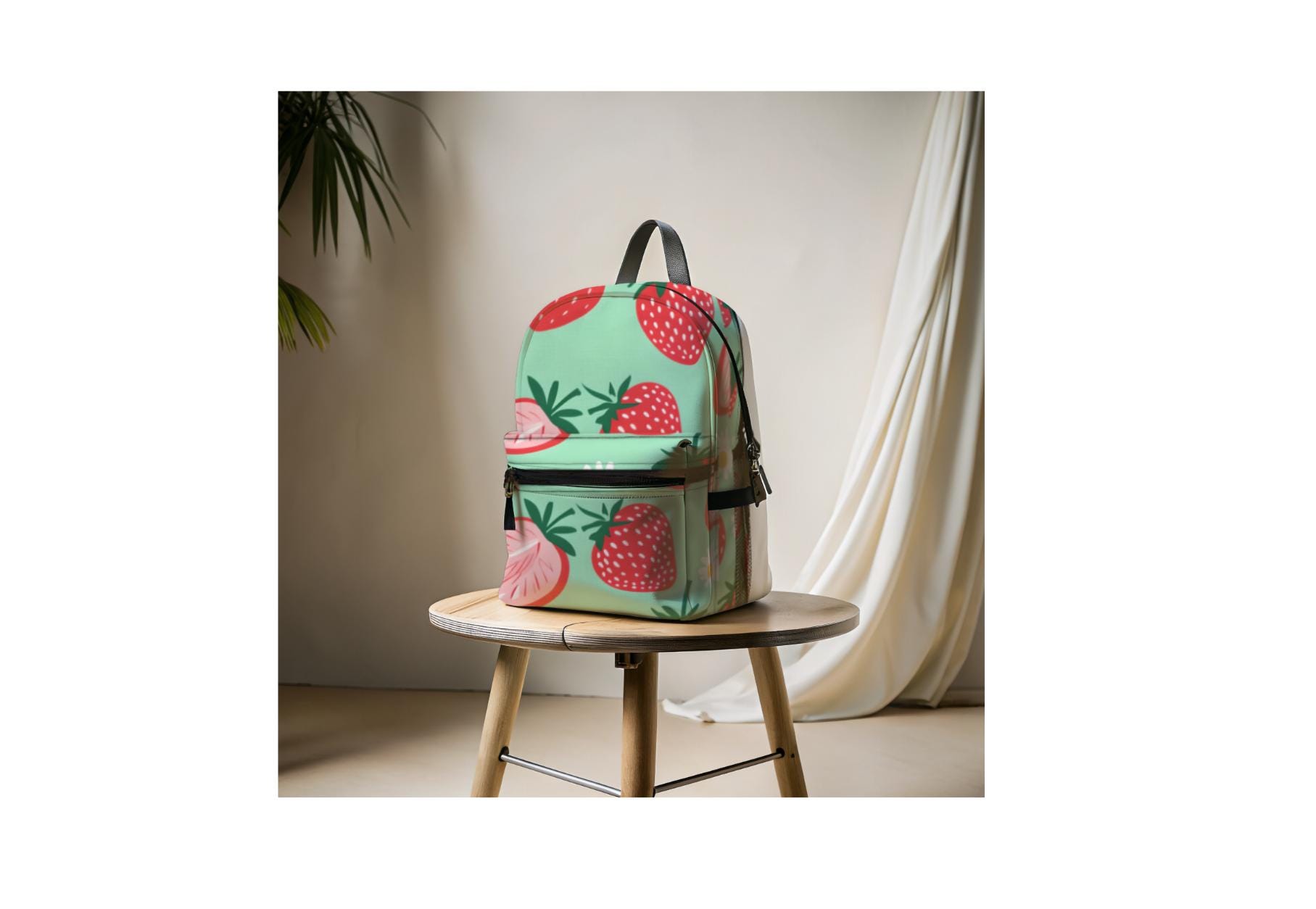 Cute Strawberry Print Backpack, Kawaii Green Bookbag With Red Fruit ...