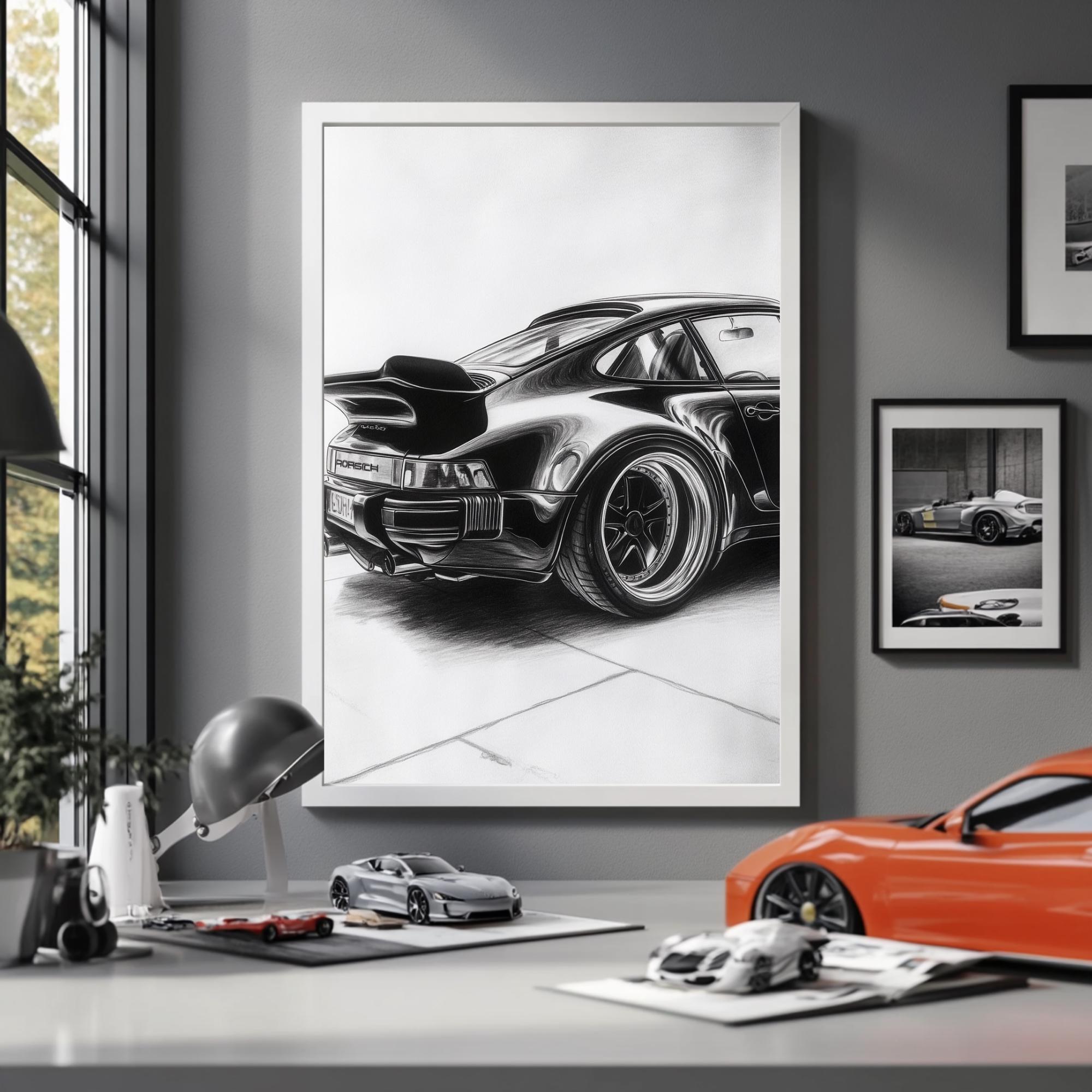 Black Porsche 911 Pencil Drawing | Realistic Rear Three-quarter View ...