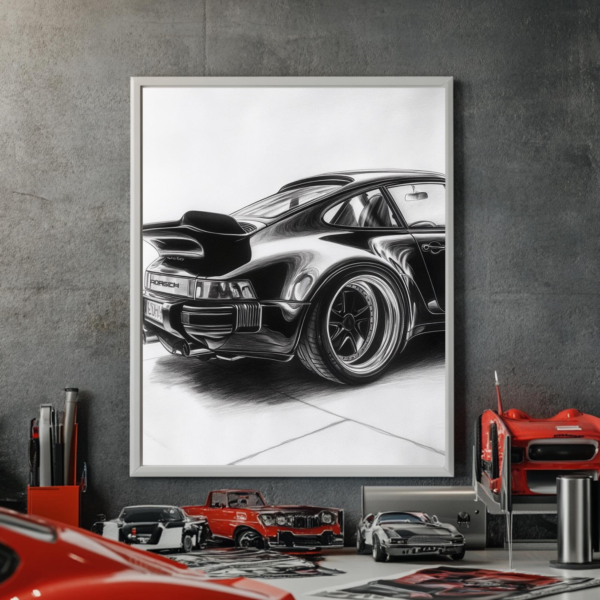 Black Porsche 911 Pencil Drawing | Realistic Rear Three-quarter View ...