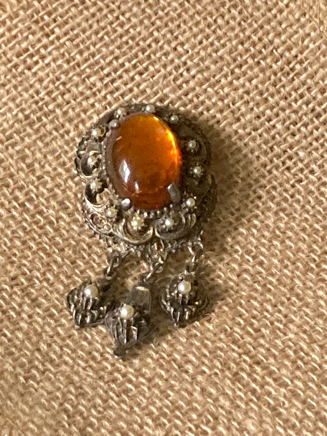 Vintage Amber Brooch Pin, Ornate Victorian Filigree Metal, Tiny Faux ...