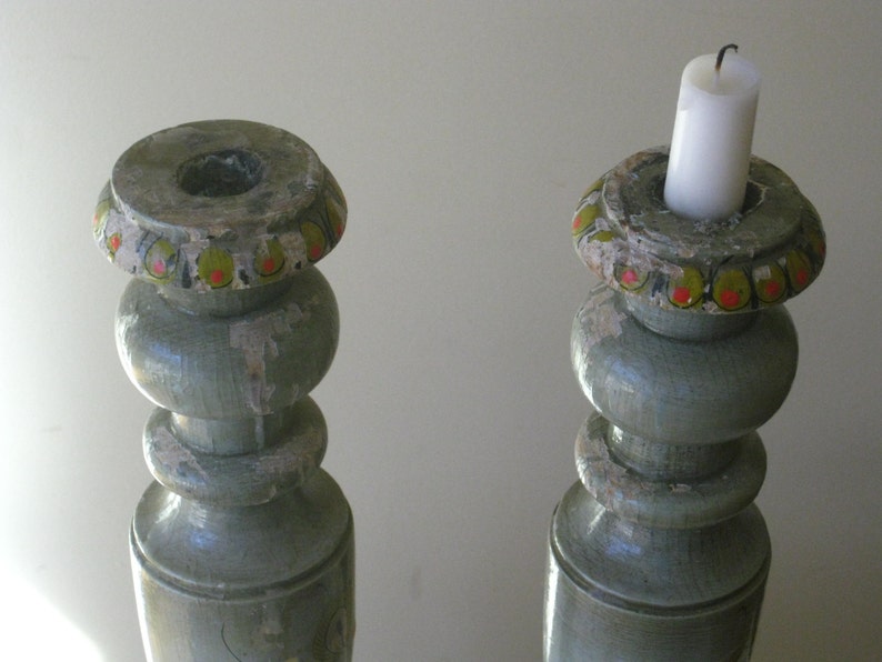 Tall Vintage Painted Wood Candlesticks, Chippy Green Paint Folk Art ...