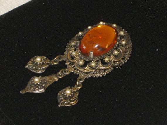 Vintage Amber Brooch Pin Ornate Victorian Filigree Metal | Etsy