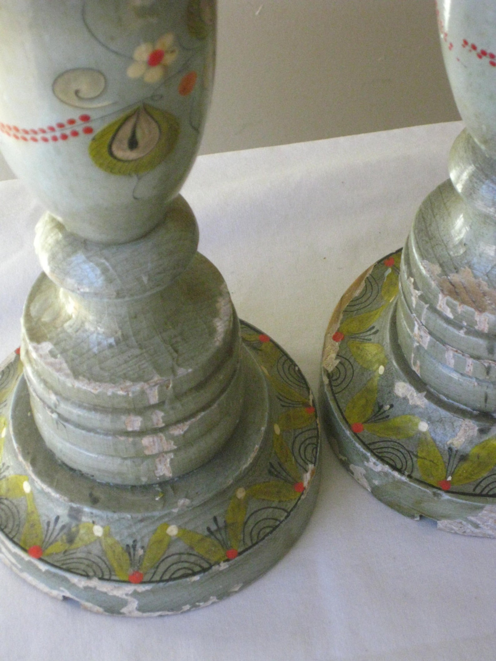 Tall Vintage Painted Wood Candlesticks, Chippy Green Paint Folk Art ...