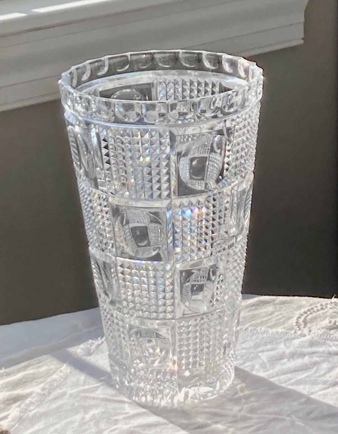 Large Clear Cut Crystal Vase, Vintage Flower Diamond Design Pattern - Etsy