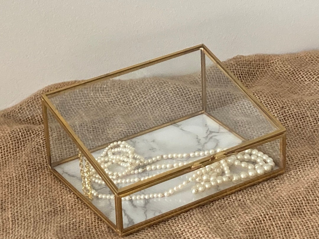 Small Glass Jewelry Shadow Box Brass Faux Marble Ladies Keepsake Accessory Collectible