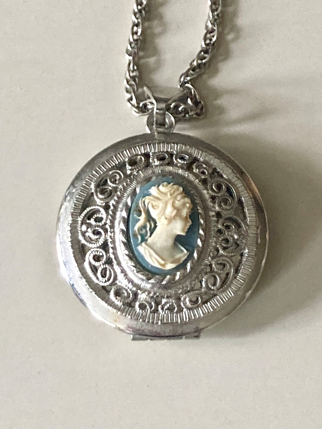 Victorian Cameo Locket and Chain, Round Silver Metal, Scrolls, Double ...