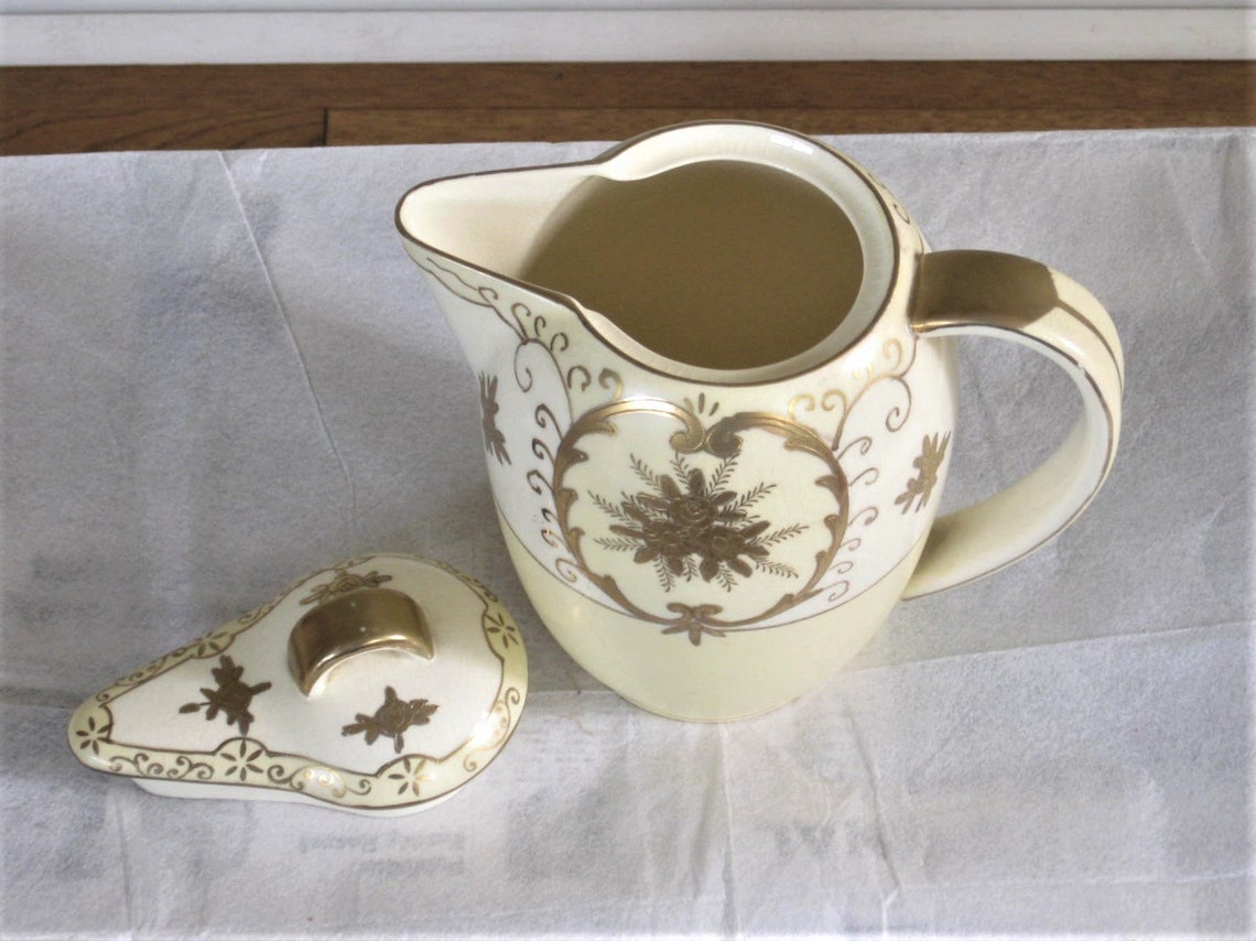 Antique Gold and White Pancake Pitcher Morimora Bros Ornate | Etsy