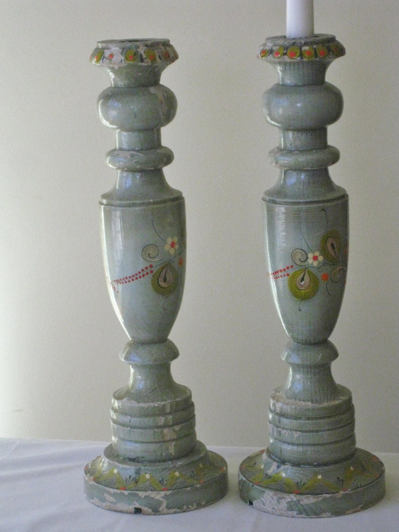 Tall Vintage Painted Wood Candlesticks, Chippy Green Paint Folk Art ...