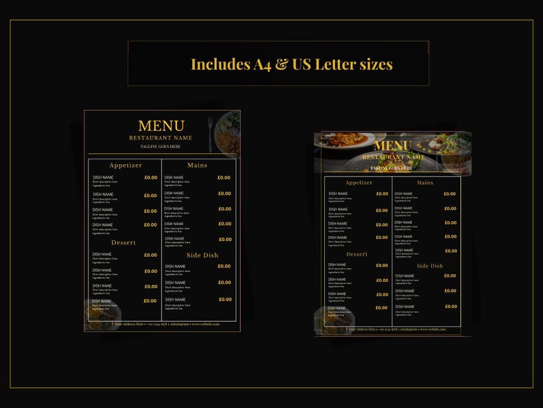 Black & Gold Restaurant Menu Template | Editable Canva Design (A4/US ...
