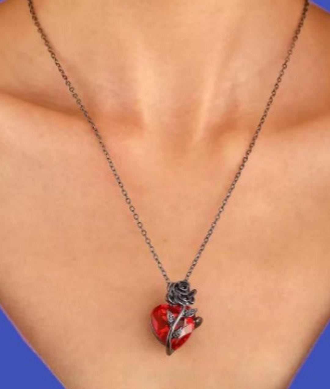 Gothic Red Heart Rose Necklace, Black Rose Pendant With Crystal Heart ...