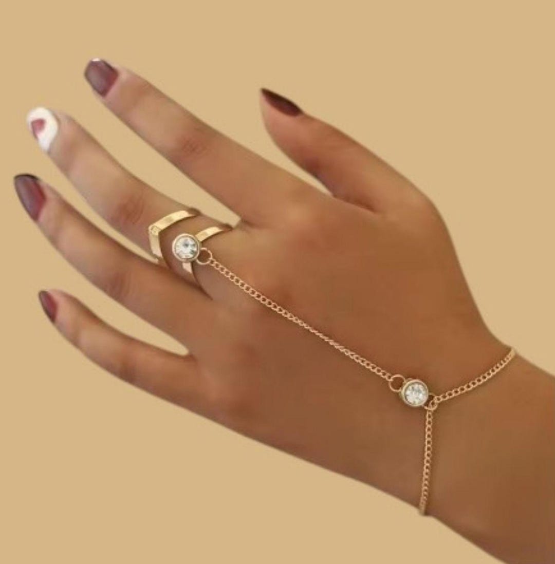 Elegant Gold Hand Chain Bracelet With Crystal Ring - Etsy