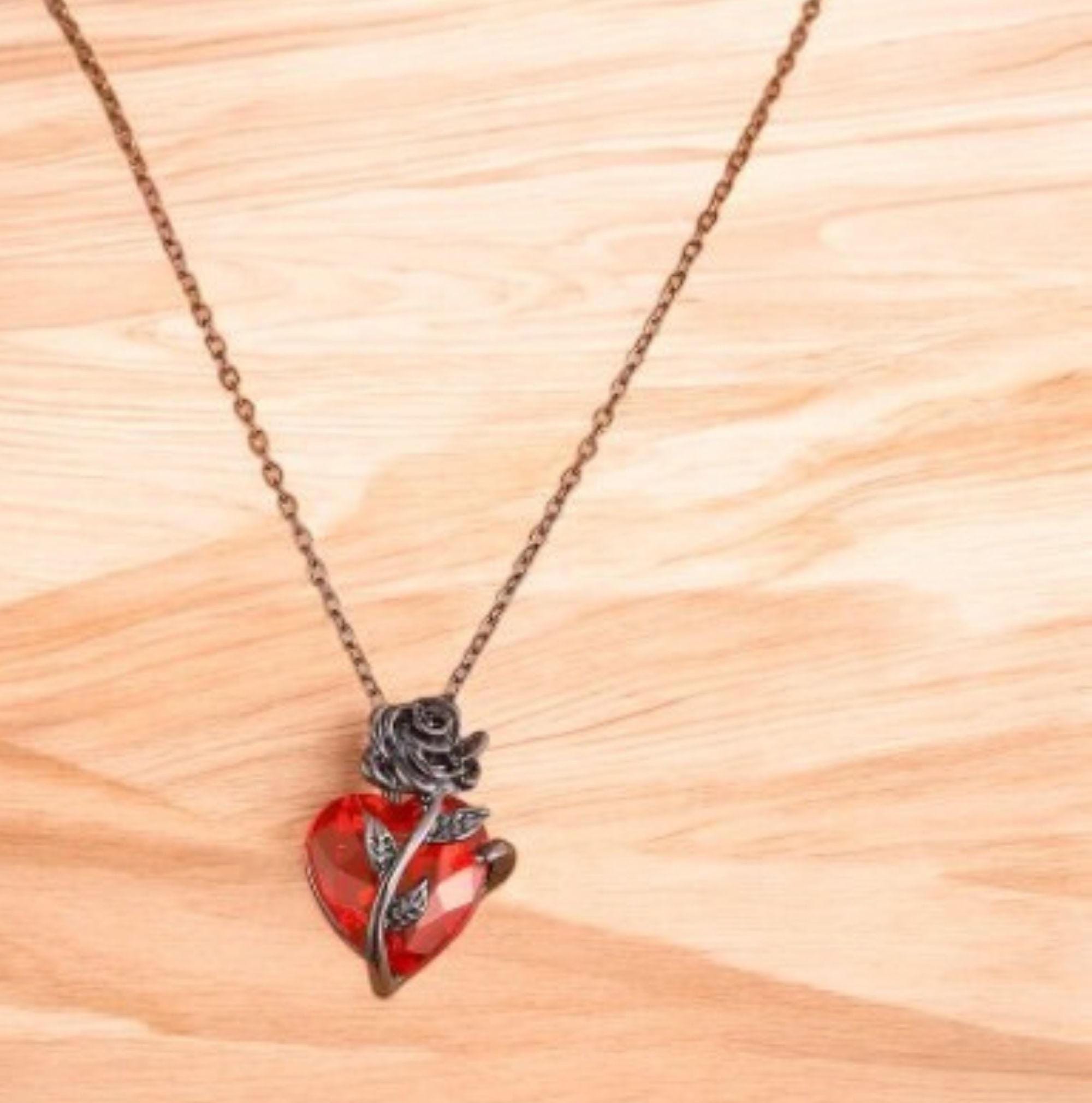 Gothic Red Heart Rose Necklace, Black Rose Pendant With Crystal Heart ...