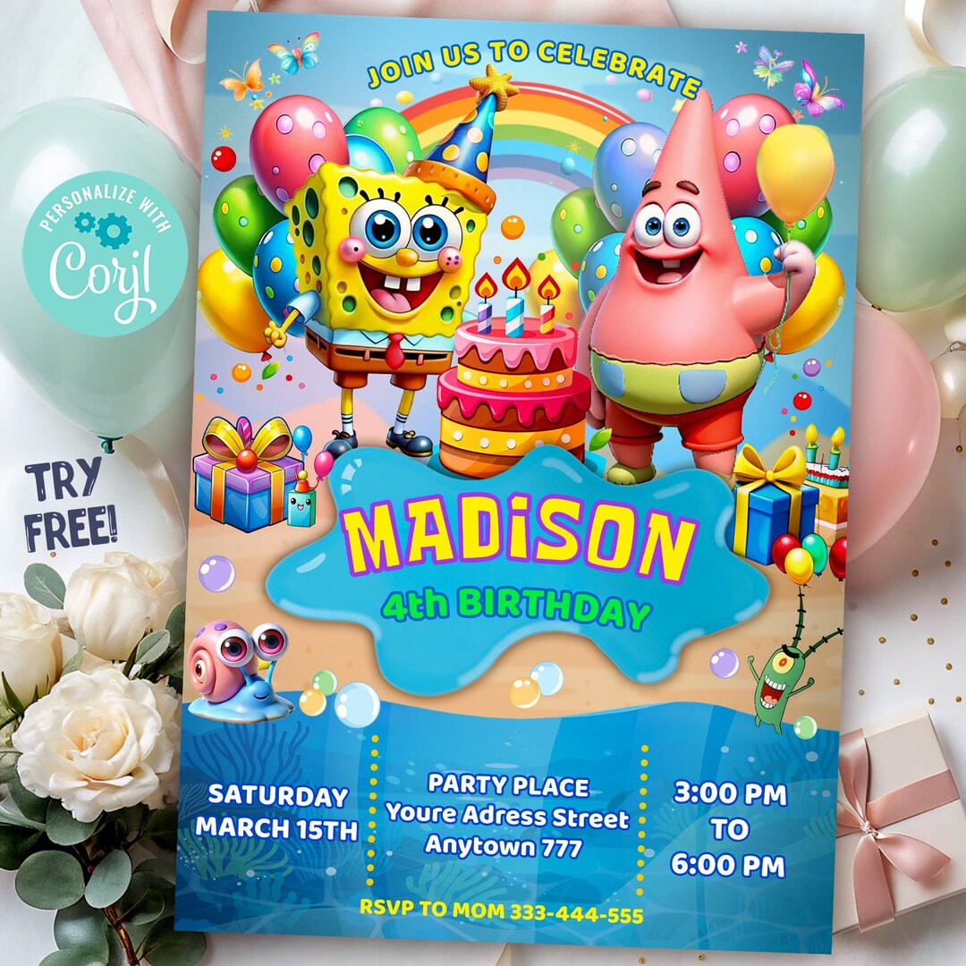 Editable Spongebob Birthday Invitation, Spongebob Party Invite Template ...