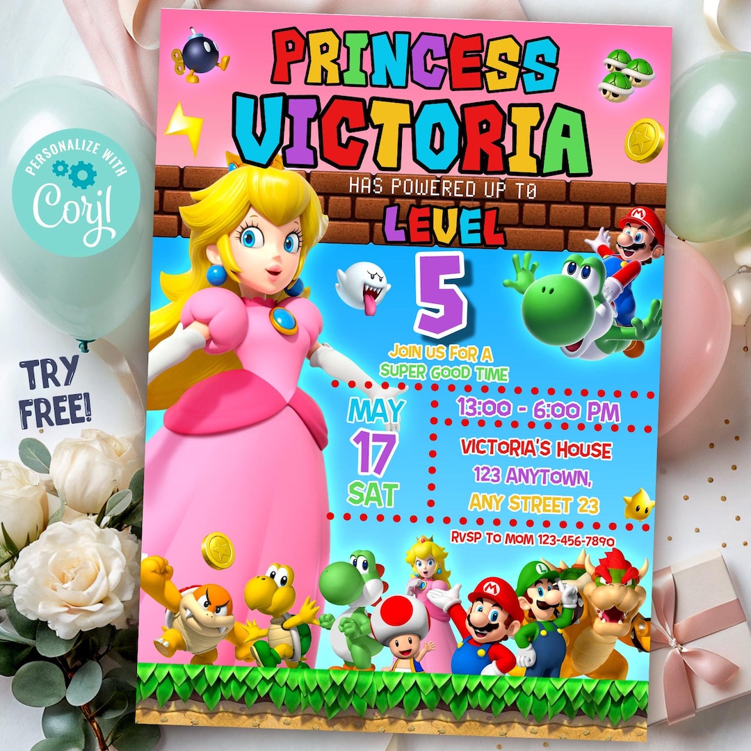 Invitación de cumpleaños de la princesa Peach, invitación editable para ...