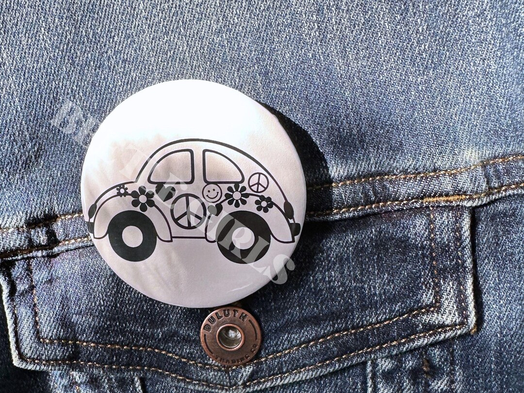 Classic VW Bug With Peace Signs and Daisies 2.25 Button Retro Charm Pin ...