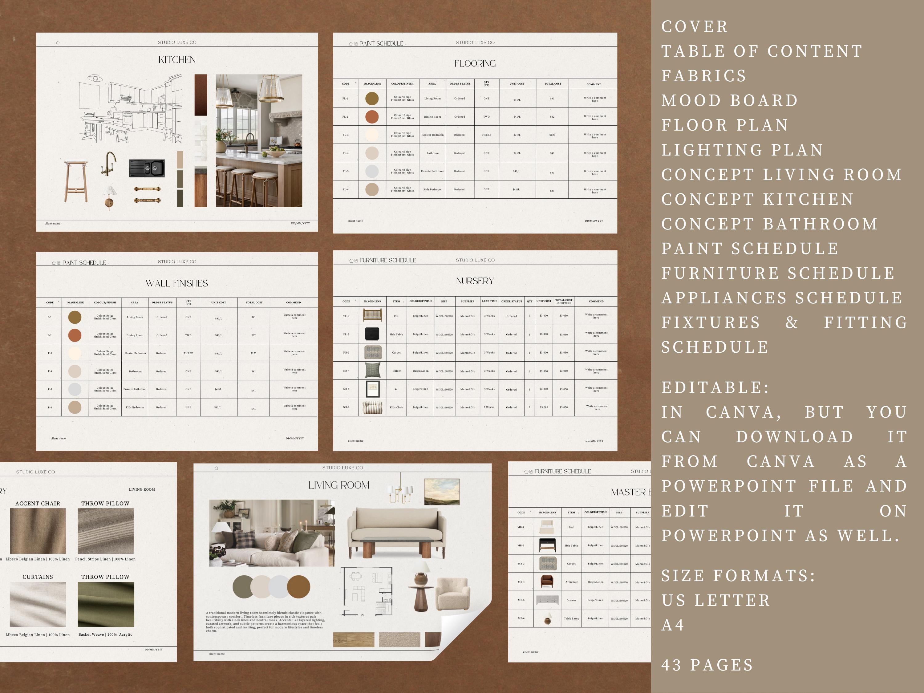 Interior Design Finishes and Fixtures Schedule Template, Canva Template ...