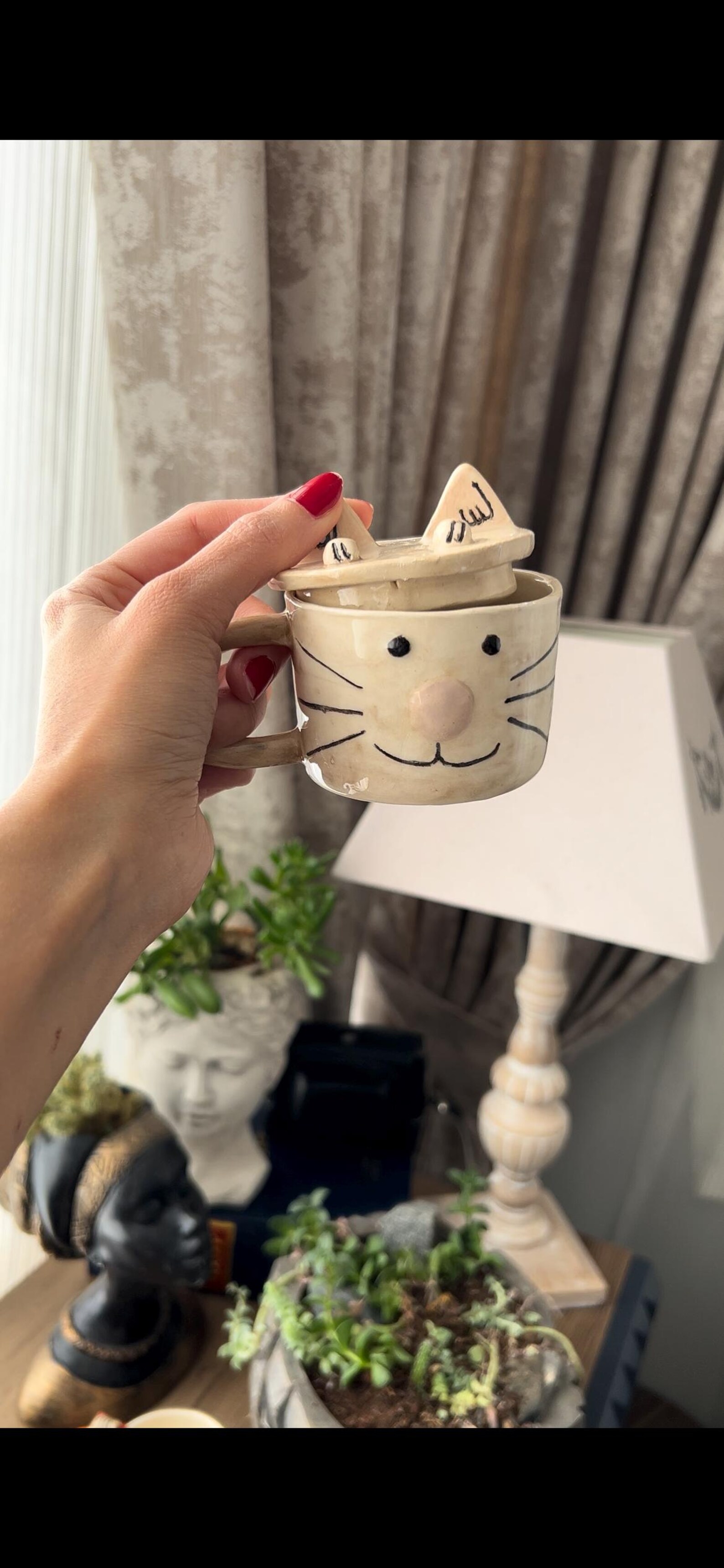 Handmade Cat Face Mug With Lid and Ears Cute Ceramic Mug With Phone ...