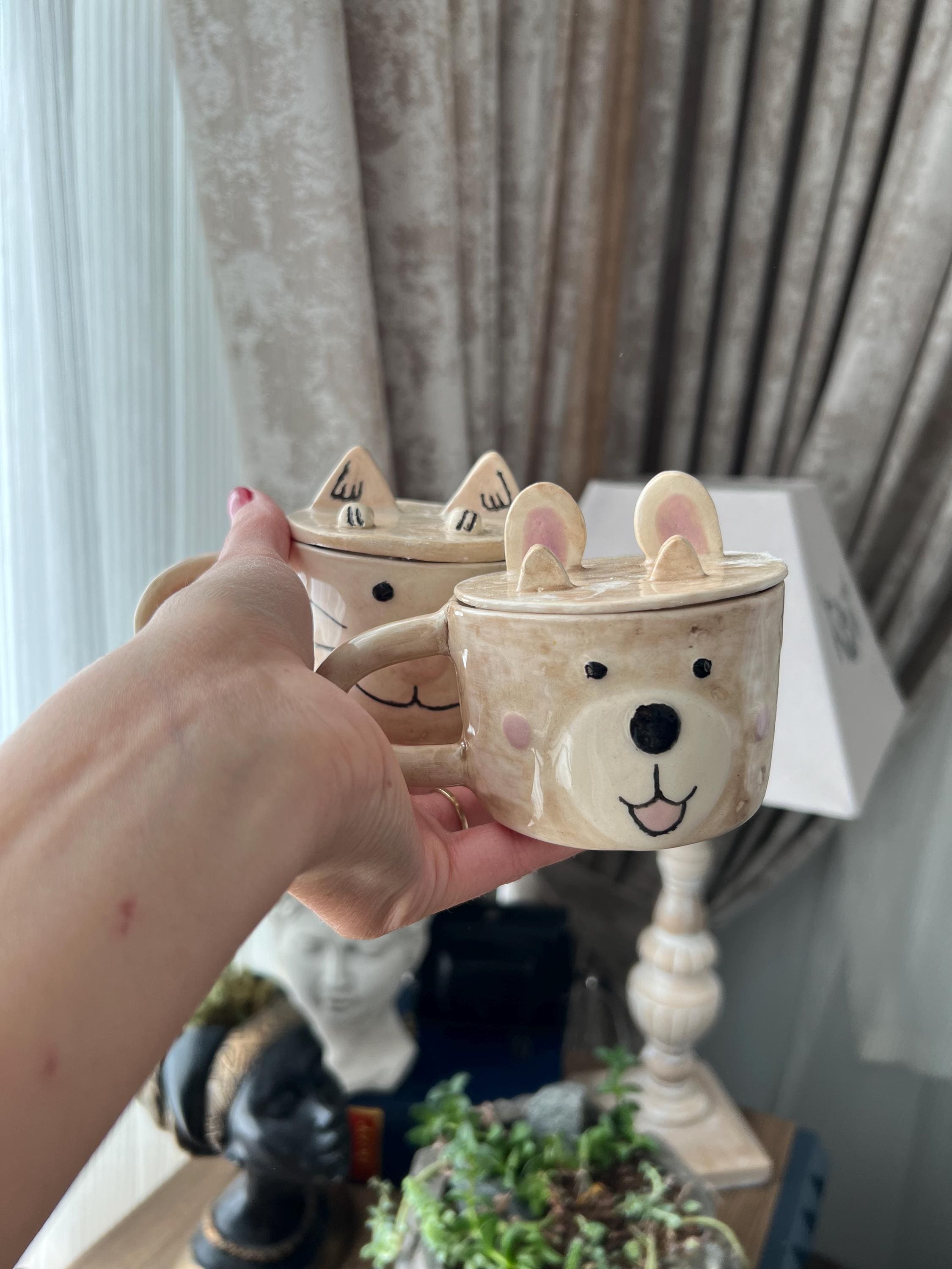Handmade Cat Face Mug With Lid and Ears Cute Ceramic Mug With Phone ...
