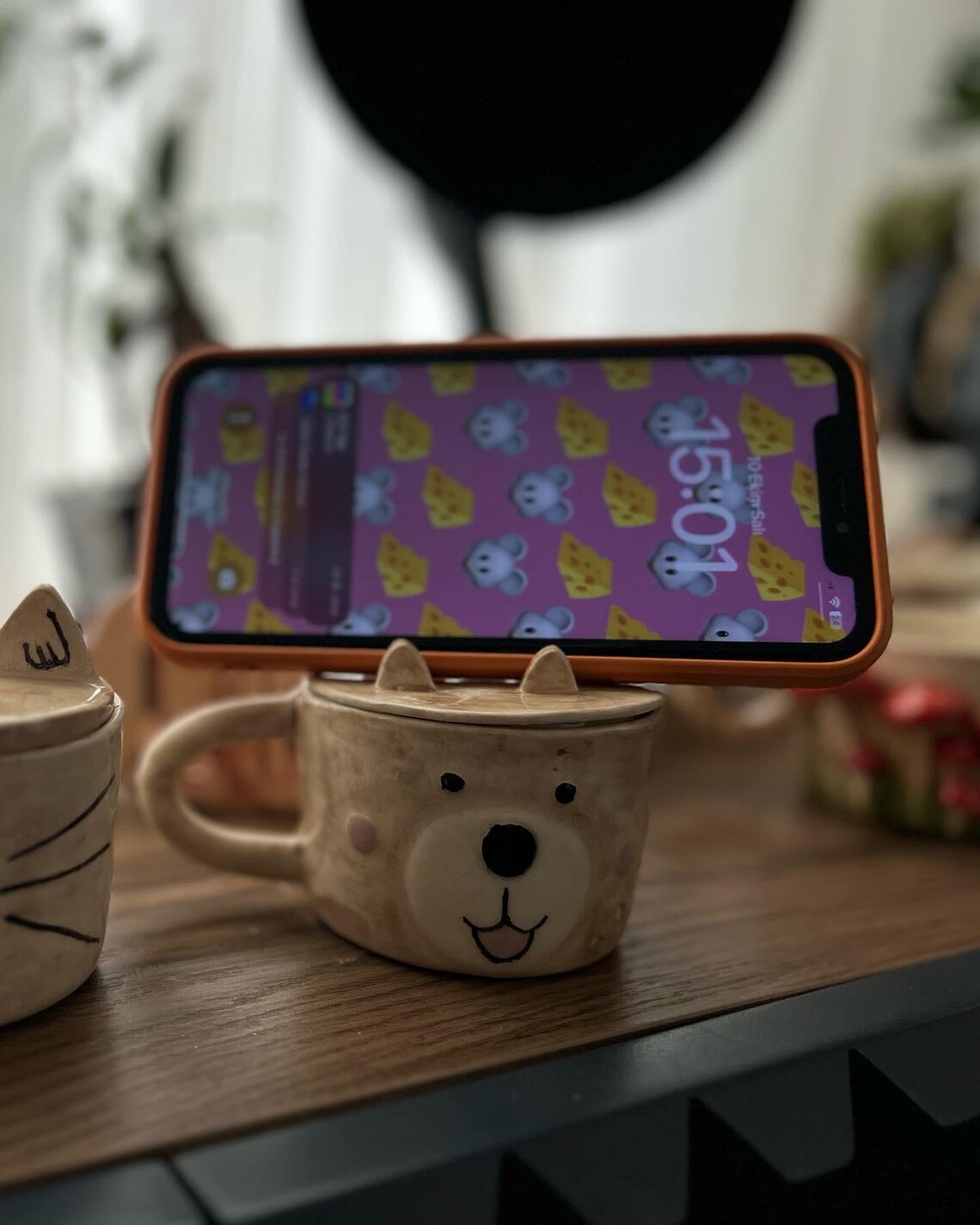 Handmade Cat Face Mug With Lid and Ears Cute Ceramic Mug With Phone ...