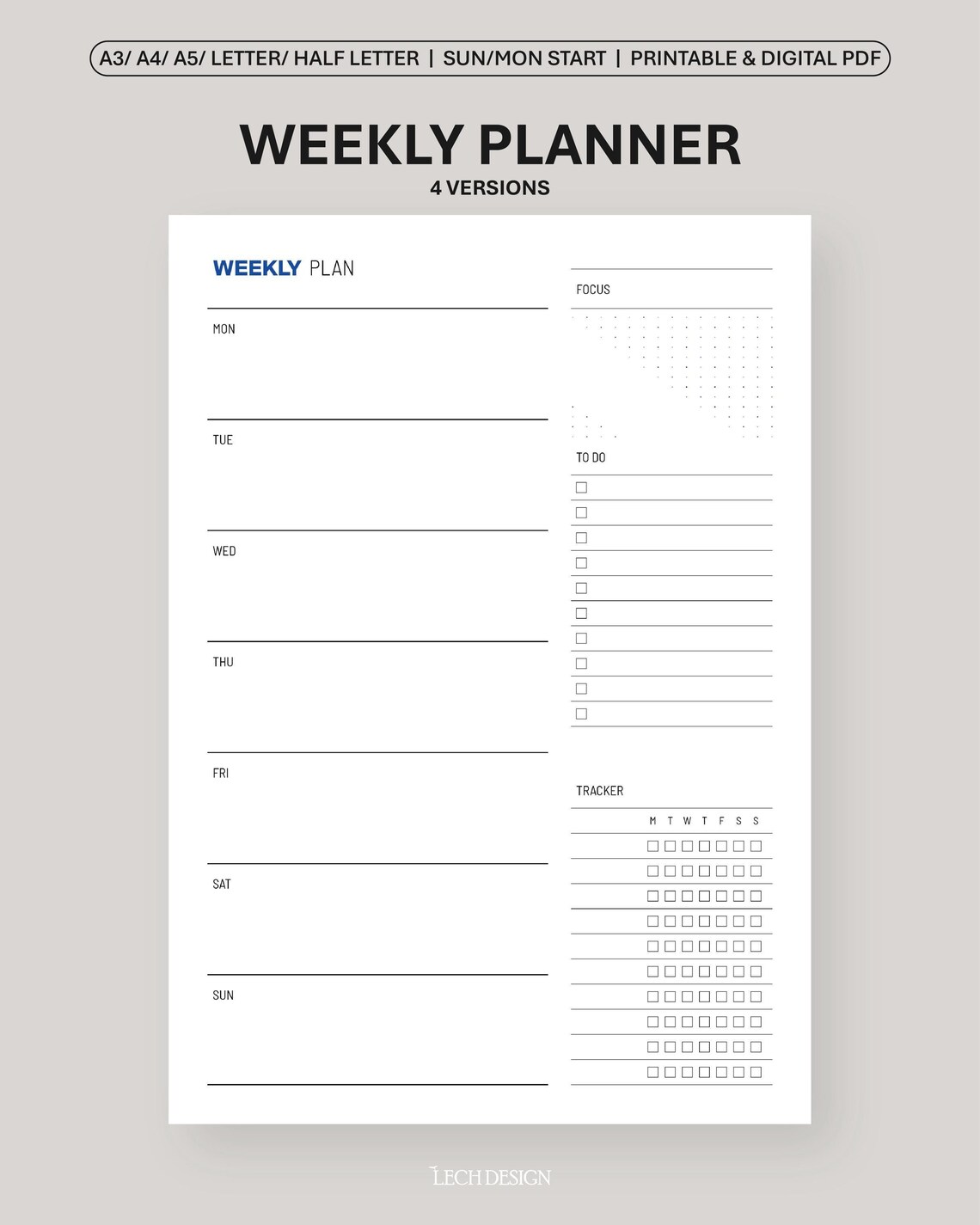 Weekly Planner Bold Modern Printable & Digital | 4 Designs in 5 Sizes ...