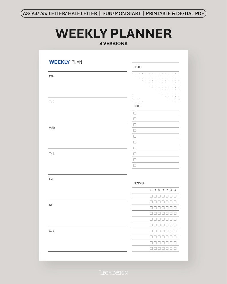 Weekly Planner Bold Modern Printable & Digital | 4 Designs in 5 Sizes ...