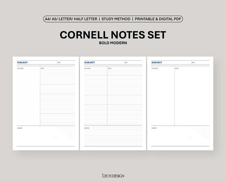 Cornell Notes Bold Modern Printable & Digital | 3 Designs in 4 Sizes ...