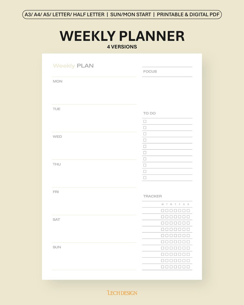 Weekly Planner Minimalist Elegance Printable & Digital | 4 Designs in 5 ...