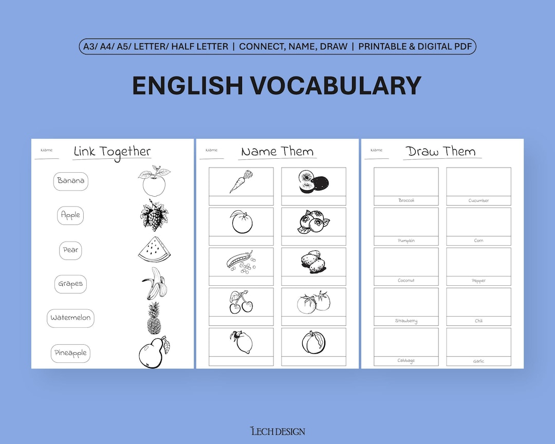 English Vocabulary [fruits & Veg] Printable Exercises | 3 Tasks in 5 ...