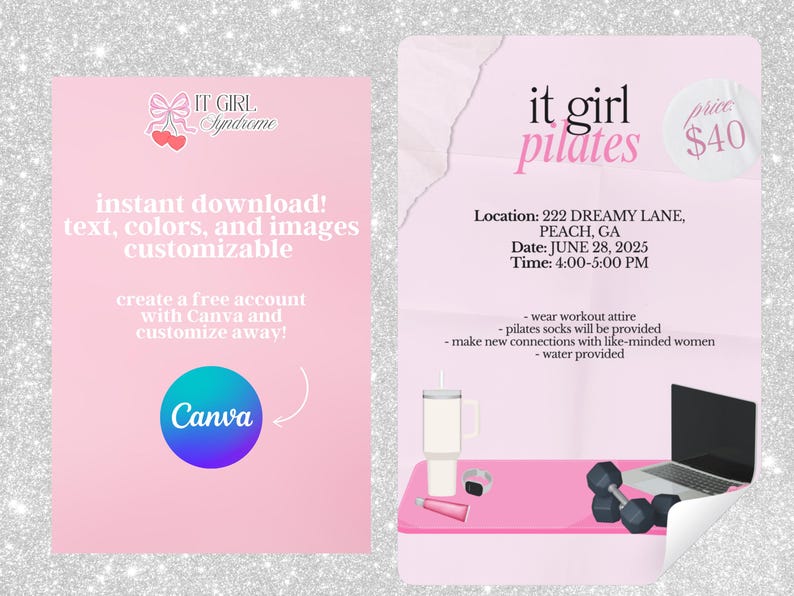 Pilates Party Invitation Canva Templates Flyer Yoga Coach Pilates Class ...