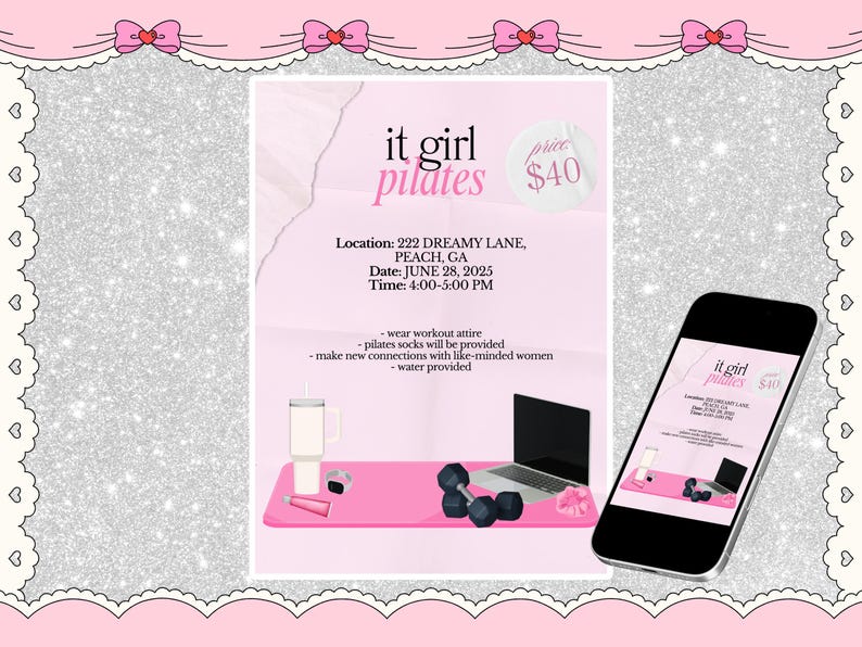 Pilates Party Invitation Canva Templates Flyer Yoga Coach Pilates Class ...