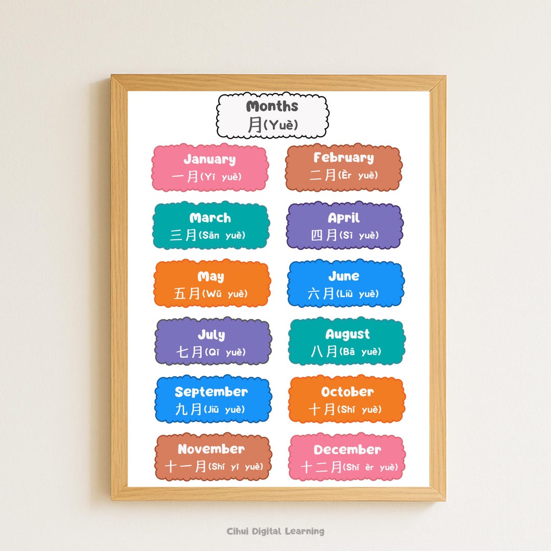 Months Bilingual Educational Poster: Simplified Chinese & English With ...