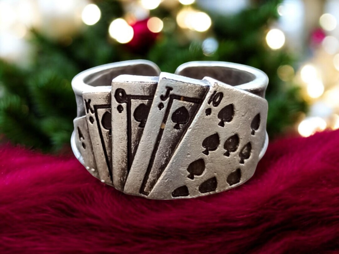 Silver-plated Playing Card Ring Adjustable Handmade Unisex Poker ...