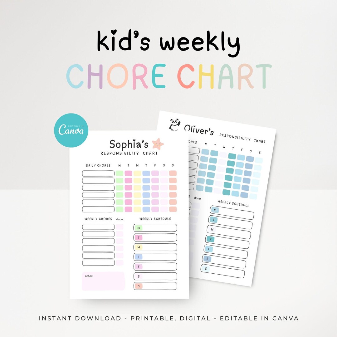 Kids Chore Chart: Editable Weekly Responsibility List (digital Download ...