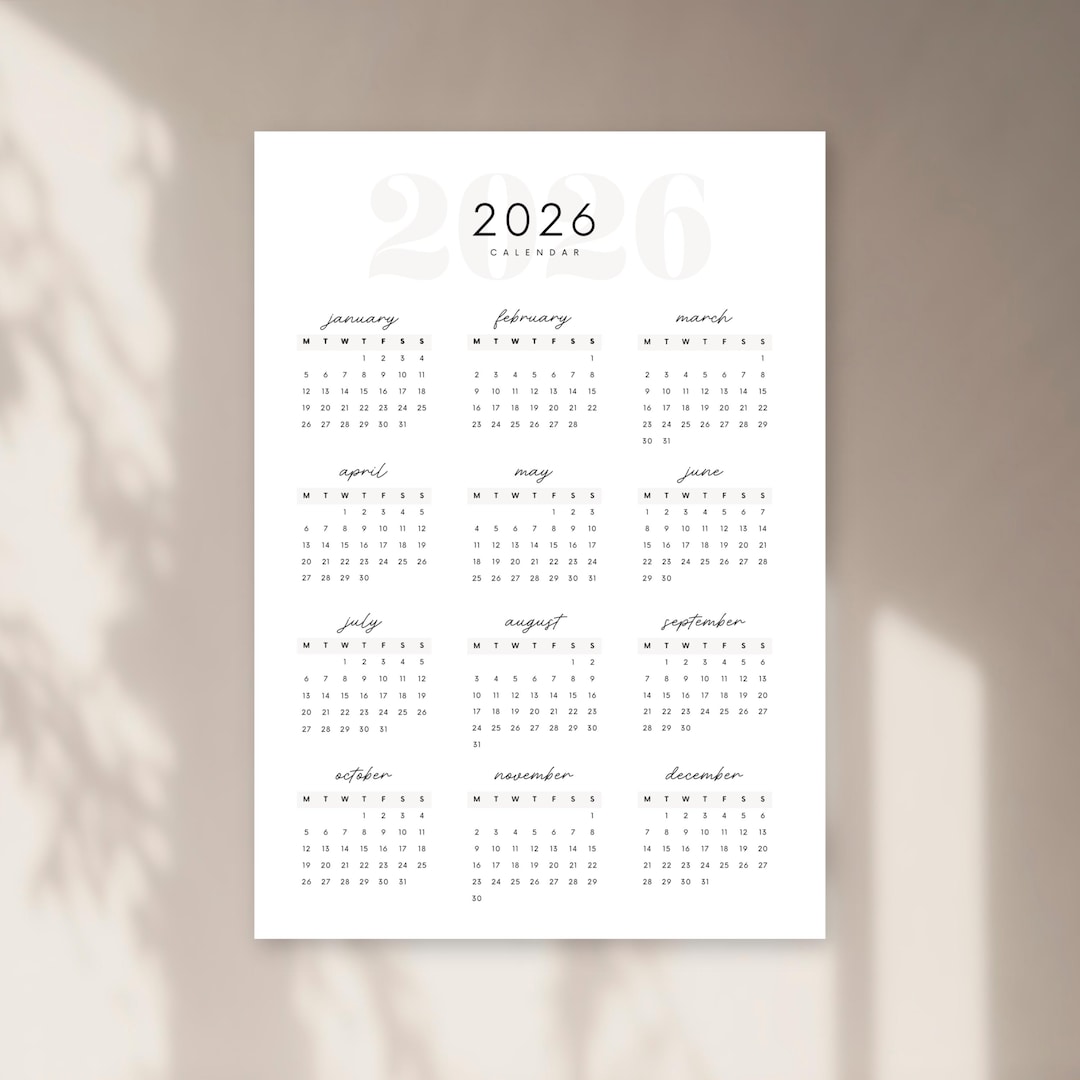 2026 Printable Year at a Glance Calendar, Minimalist One Page Planner ...