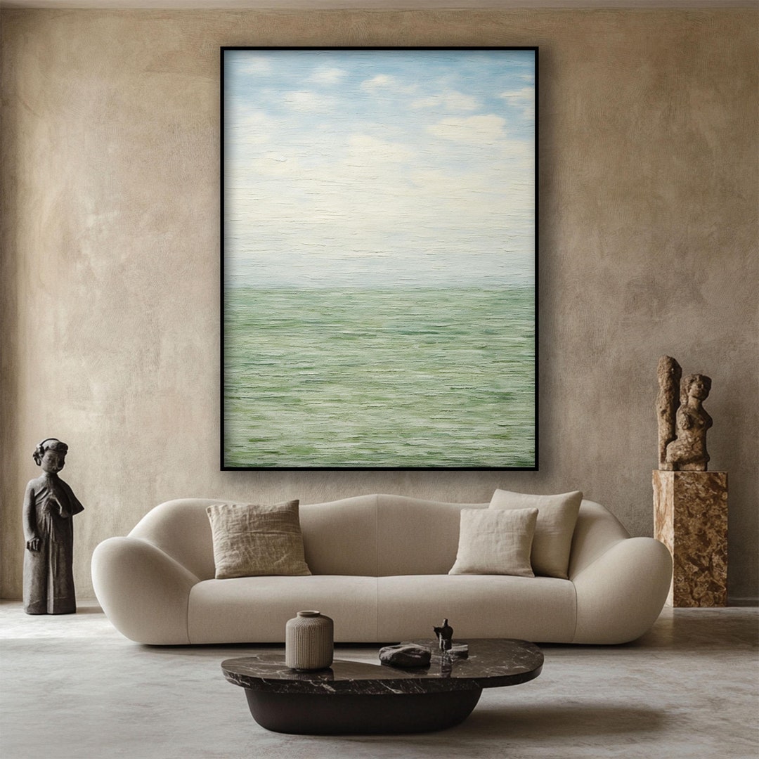 Green Seascape, White Clouds, Blue Sky 100% Hand Painted Textured ...