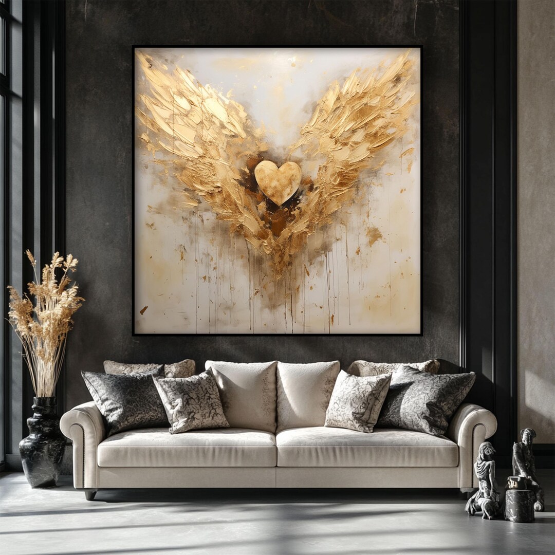 Completely Golden Heart, Angel Wings Gold, 100% Hand Painted Oil ...