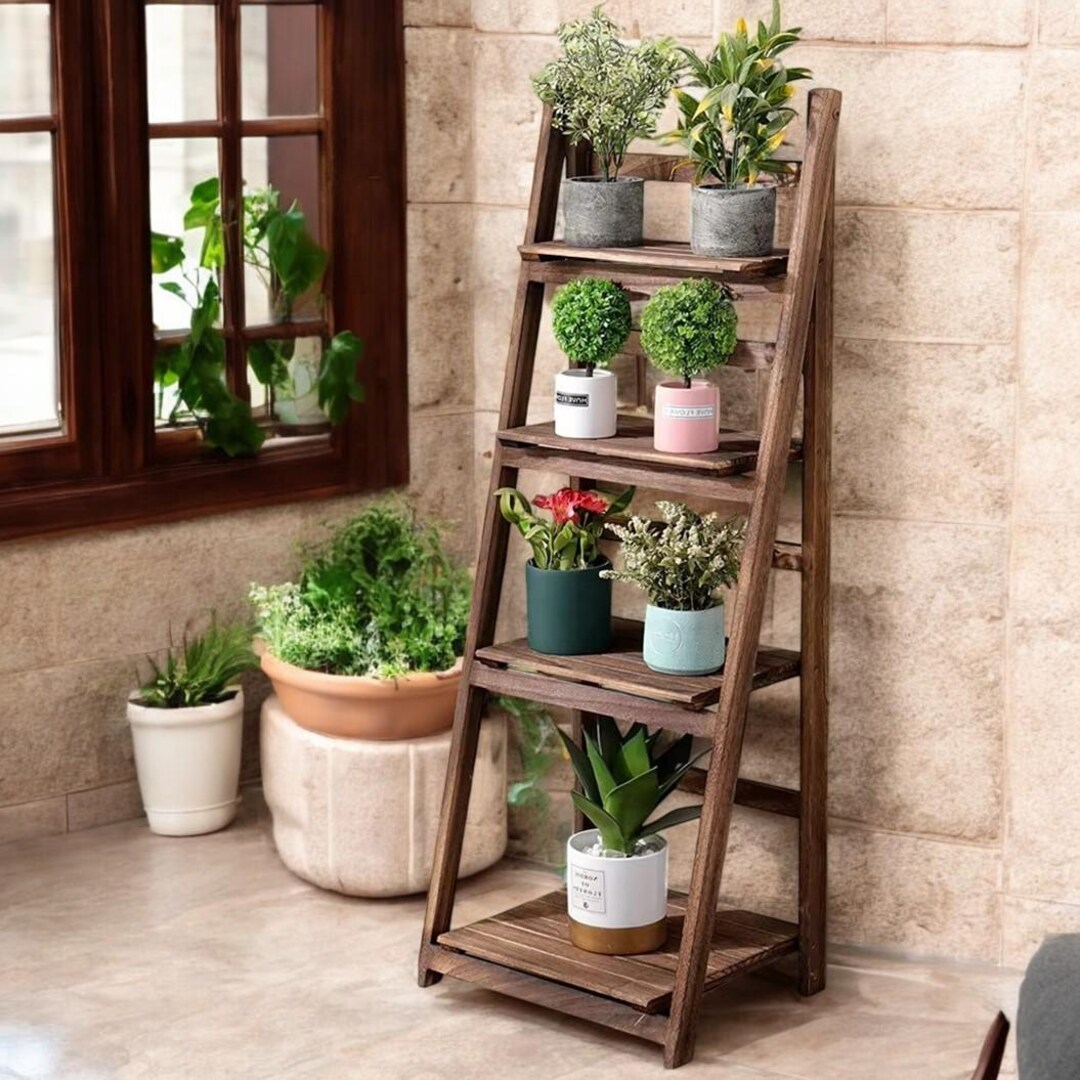 4 Tier Plant Stand - Folding Wooden Ladder Rack for Flower Display and ...