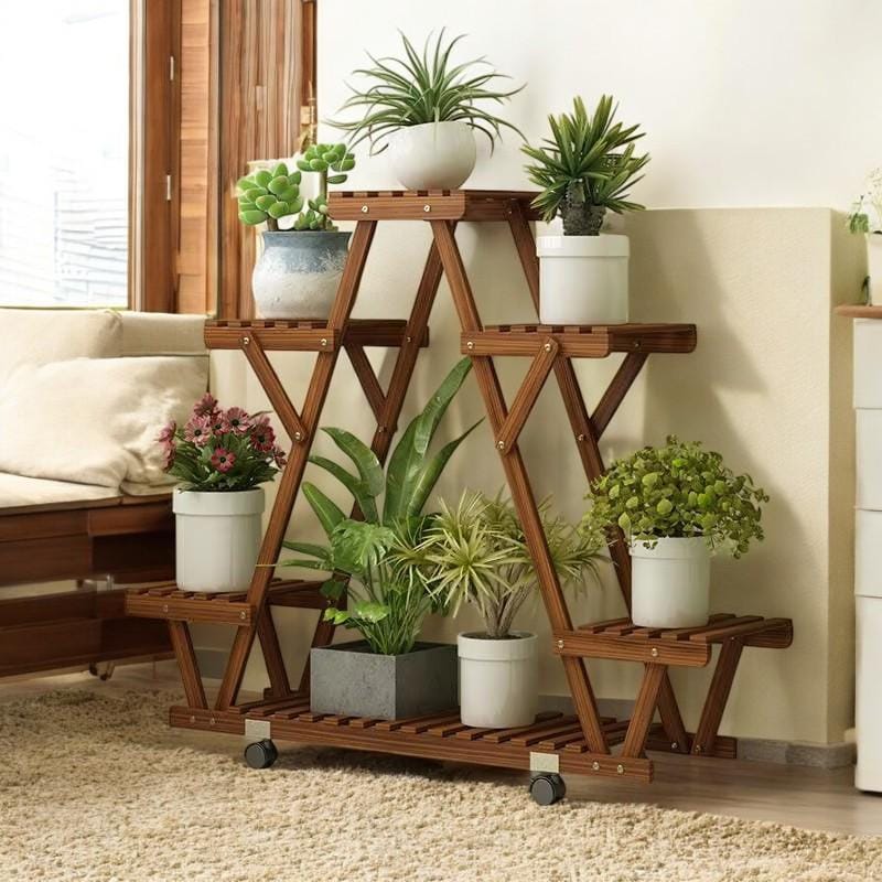Movable Wood Plant Stand, 6-tier Triangular Shelving Rack for Indoor ...