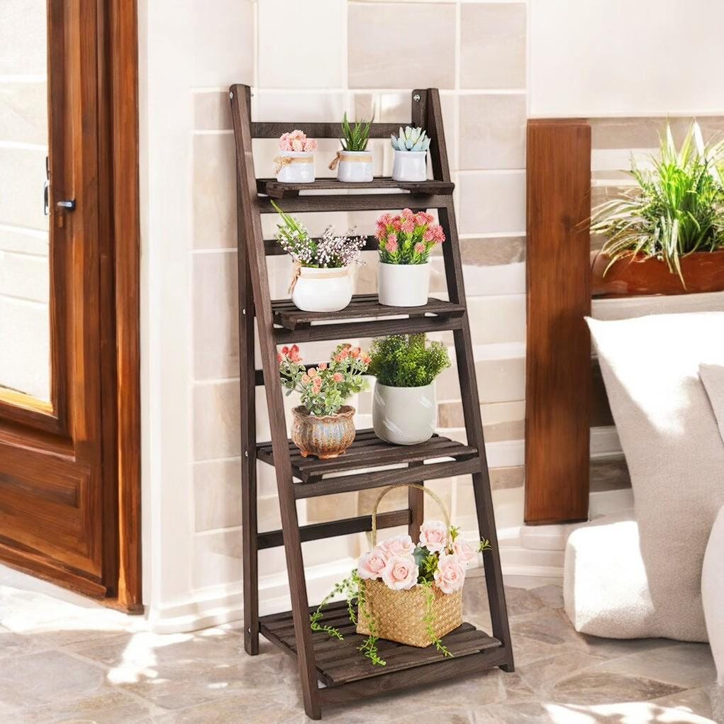 4 Tier Plant Stand Folding Wooden Ladder Rack for Flower Display and ...