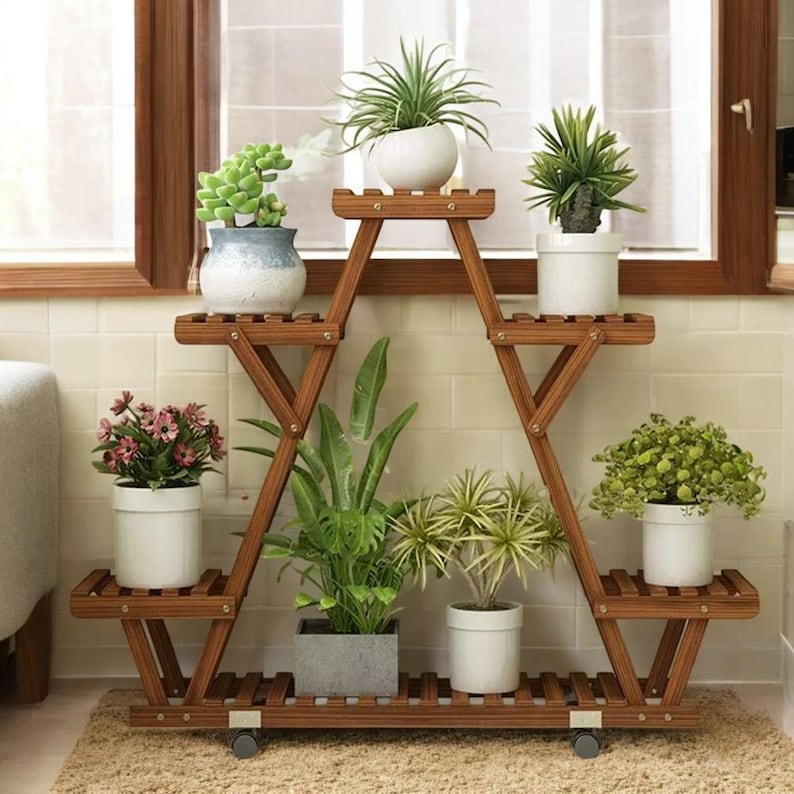Movable Wood Plant Stand, 6-tier Triangular Shelving Rack for Indoor ...
