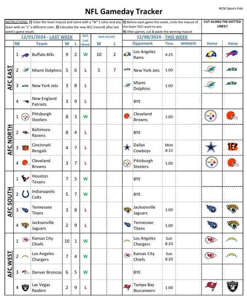 NFL Gameday Kids Activity Sheet | Updated WEEKLY | Track the Match-ups ...