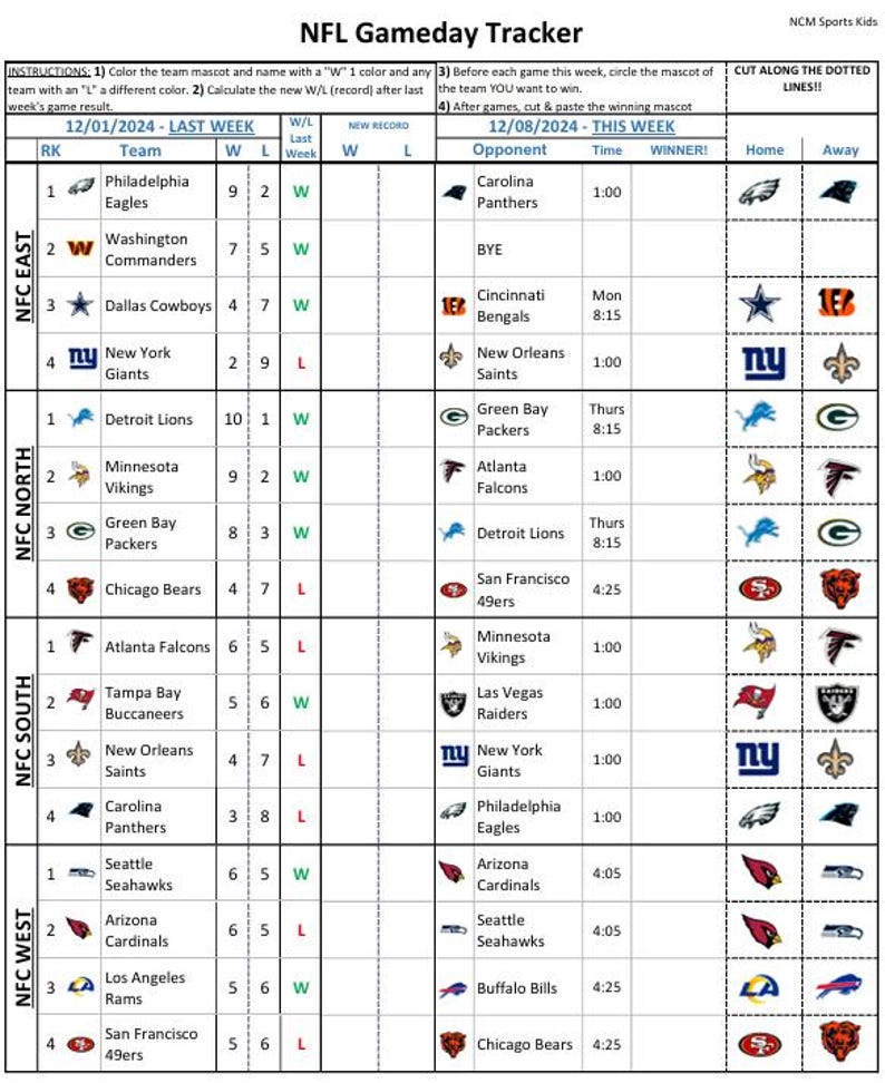 NFL Gameday Kids Activity Sheet | Updated WEEKLY | Track the Match-ups ...