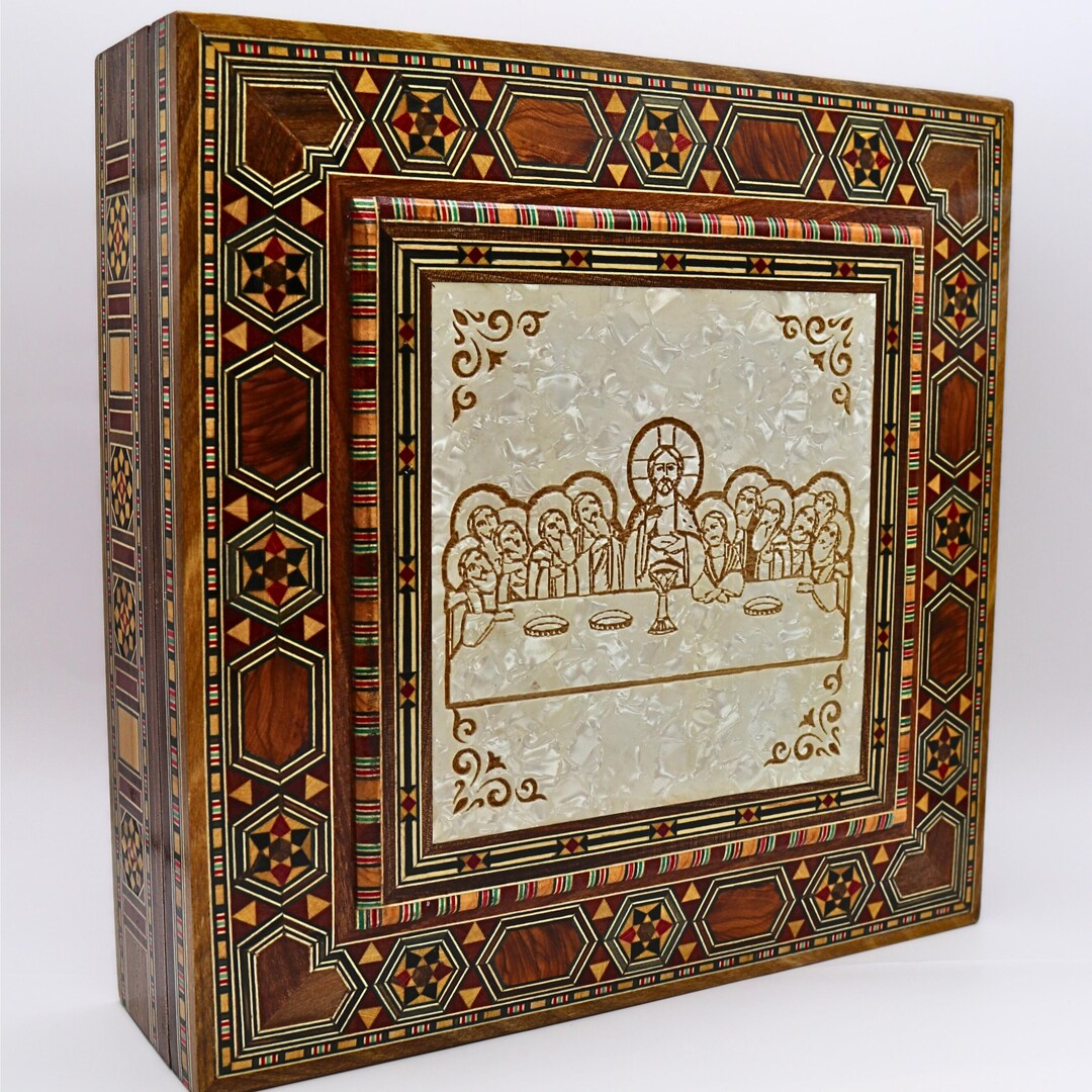 Square Box in Syrian Marquetry - Mother-of-pearl Panel “the Last Supper ...