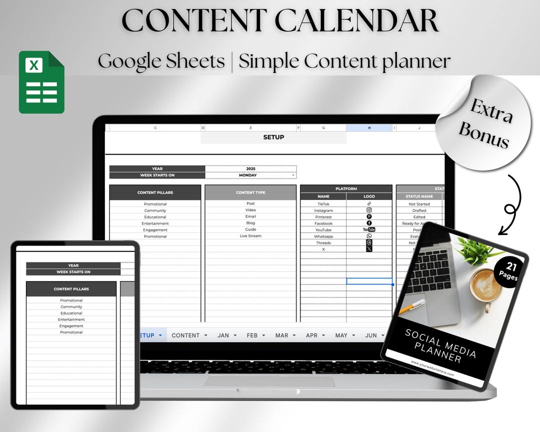 Social Media Content Calendar Google Sheets, Digital Content Planner ...