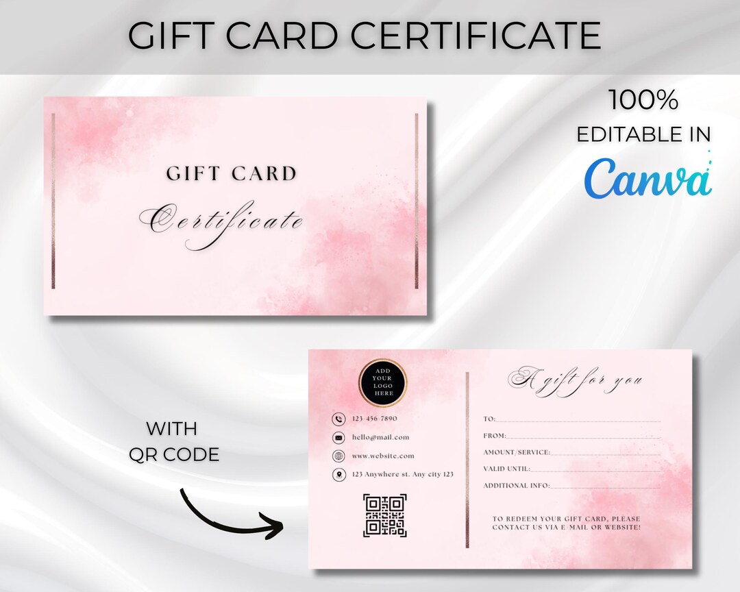 Double Sided Gift Card Template Printable Gift Card Template Canva Pink ...