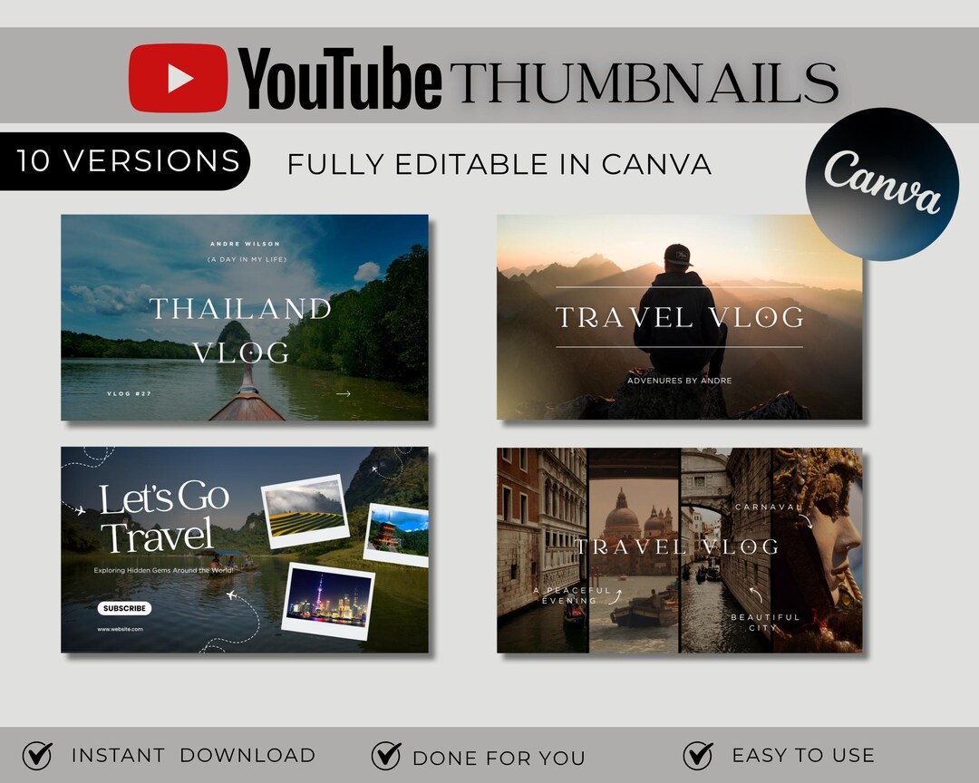 Travel Vlog Youtube Thumbnail Templates, Editable Canva (digital ...