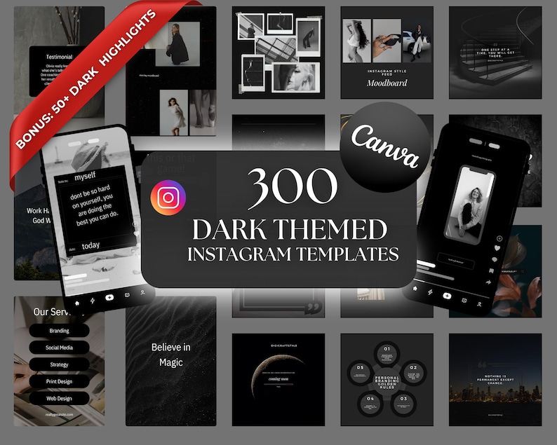 300 Black Instagram Templates: Dark Theme Posts & Stories (canva) - Etsy