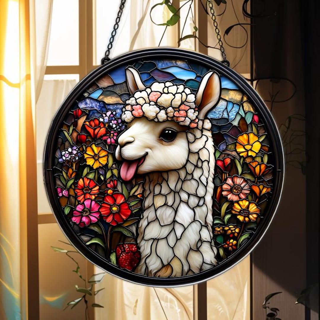 Llama Faux Stained Glass Sun Catcher, Acrylic Alpaca Window Hanging and ...