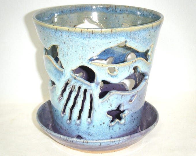 Orchid Pot Blue Dolphin Purple Octopus Ocean Carved Jellyfish Ceramic ...