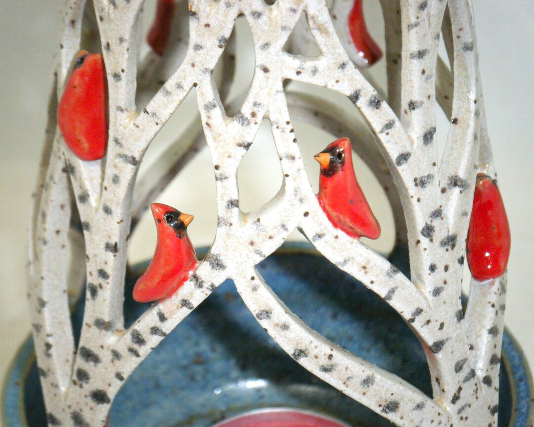 Bird Candle Tree Luminary White Birch Tree Lantern Clay Pottery ...